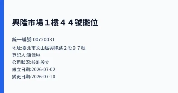 興隆市場1樓44號攤位的照片-統編 00720031(臺北市) 公司登記資料與營業項目詳細圖表