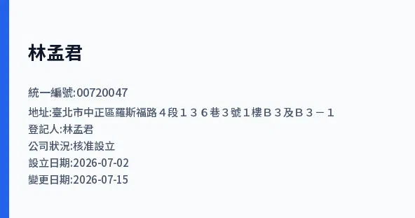 林孟君的照片-統編 00720047(臺北市) 公司登記資料與營業項目詳細圖表