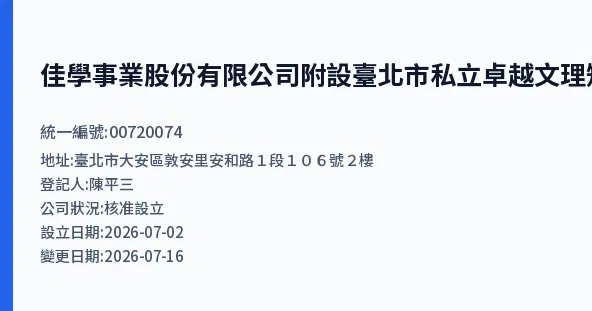佳學事業股份有限公司附設臺北市私立卓越文理短期補習班的照片-統編 00720074(臺北市) 公司登記資料與營業項目詳細圖表