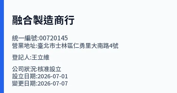 融合製造商行的照片-統編 00720145(臺北市) 公司登記資料與營業項目詳細圖表
