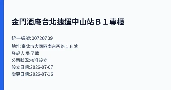 金門酒廠台北捷運中山站B1專櫃的照片-統編 00720709(臺北市) 公司登記資料與營業項目詳細圖表