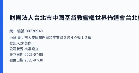 財團法人台北市中國基督教靈糧世界佈道會台北靈糧堂附設飛躍媒體出版中心的照片-統編 00720948(臺北市) 公司登記資料與營業項目詳細圖表