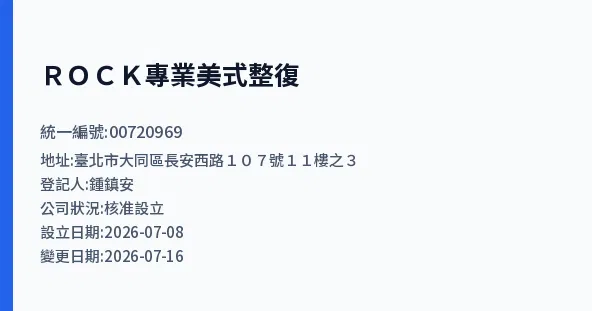 ROCK專業美式整復的照片-統編 00720969(臺北市) 公司登記資料與營業項目詳細圖表