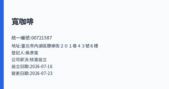 寬咖啡的照片-統編 00721587(臺北市) 公司登記資料與營業項目詳細圖表