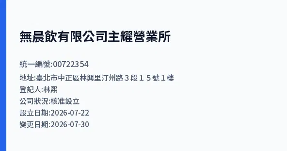 無晨飲有限公司主耀營業所的照片-統編 00722354(臺北市) 公司登記資料與營業項目詳細圖表