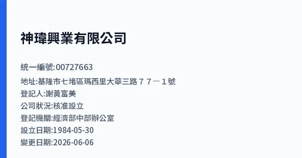 神瑋興業有限公司的照片-統編 00727663(基隆市) 公司登記資料與營業項目詳細圖表