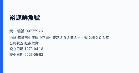 裕源鮮魚號的照片-統編 00775926(基隆市) 公司登記資料與營業項目詳細圖表