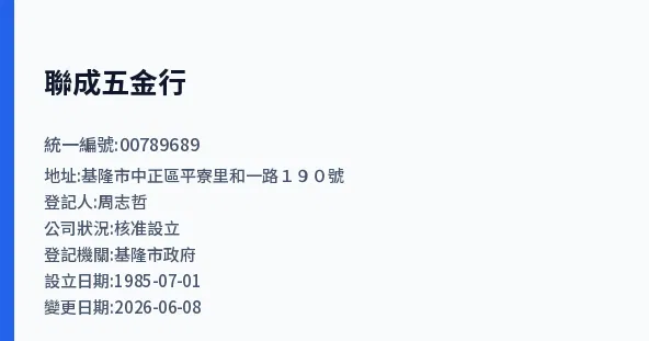 聯成五金行的照片-統編 00789689(基隆市) 公司登記資料與營業項目詳細圖表