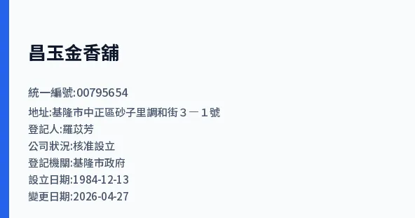 昌玉金香舖的照片-統編 00795654(基隆市) 公司登記資料與營業項目詳細圖表