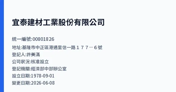 宜泰建材工業股份有限公司的照片-統編 00801826(基隆市) 公司登記資料與營業項目詳細圖表