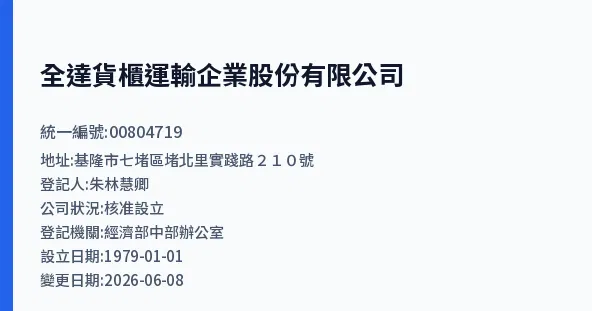 全達貨櫃運輸企業股份有限公司的照片-統編 00804719(基隆市) 公司登記資料與營業項目詳細圖表
