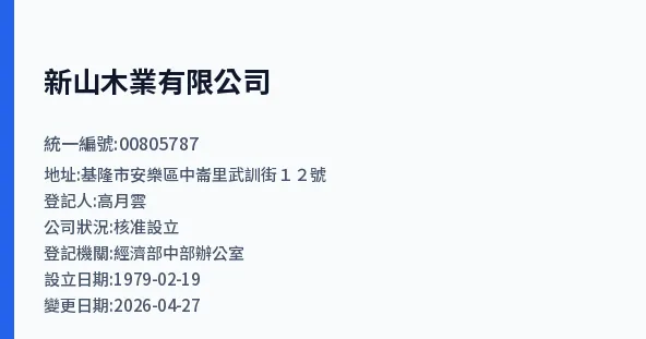 新山木業有限公司的照片-統編 00805787(基隆市) 公司登記資料與營業項目詳細圖表