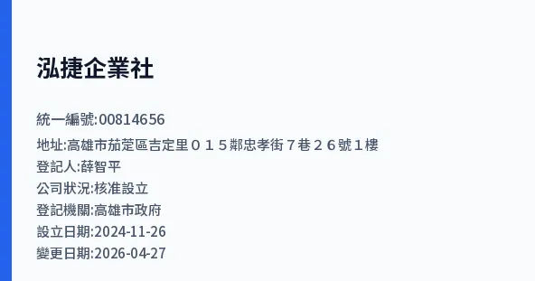 泓捷企業社的照片-統編 00814656(高雄市) 公司登記資料與營業項目詳細圖表