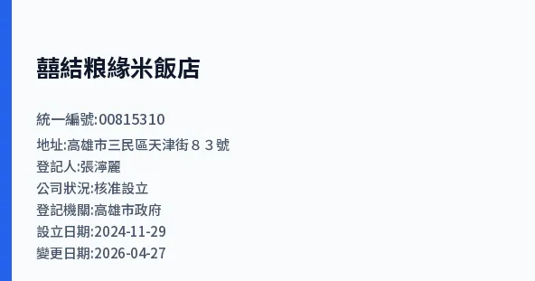 囍結粮緣米飯店的照片-統編 00815310(高雄市) 公司登記資料與營業項目詳細圖表