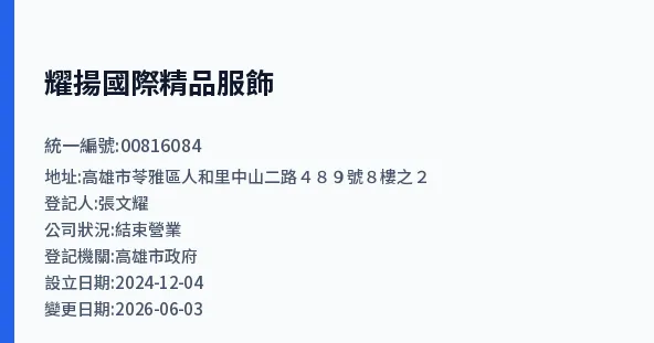 耀揚國際精品服飾的照片-統編 00816084(高雄市) 公司登記資料與營業項目詳細圖表