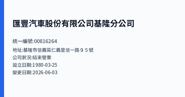 匯豐汽車股份有限公司基隆分公司的照片-統編 00816264(基隆市) 公司登記資料與營業項目詳細圖表