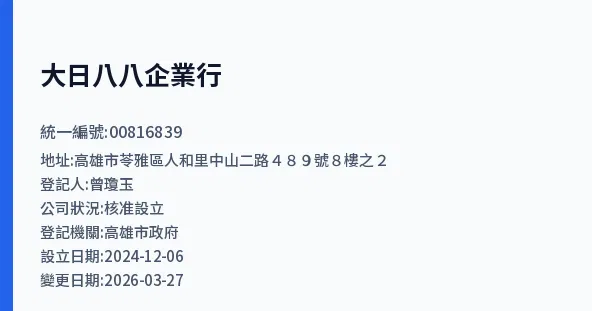 大日八八企業行的照片-統編 00816839(高雄市) 公司登記資料與營業項目詳細圖表