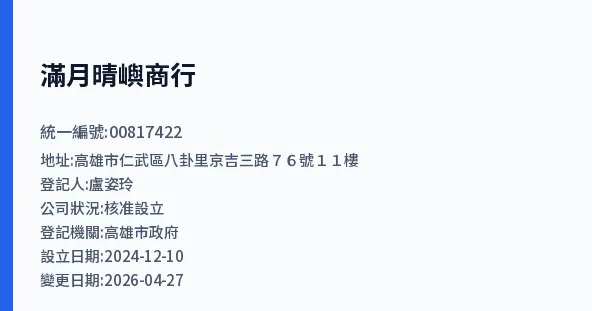 滿月晴嶼商行的照片-統編 00817422(高雄市) 公司登記資料與營業項目詳細圖表