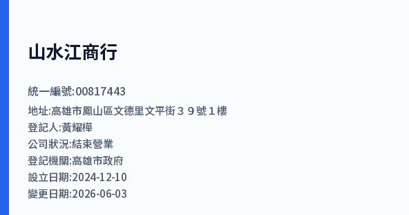 山水江商行的照片-統編 00817443(高雄市) 公司登記資料與營業項目詳細圖表