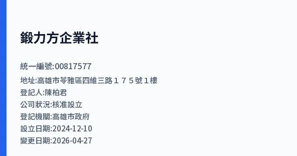 鍛力方企業社的照片-統編 00817577(高雄市) 公司登記資料與營業項目詳細圖表