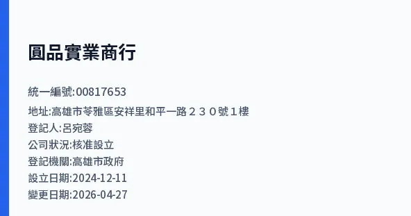 圓品實業商行的照片-統編 00817653(高雄市) 公司登記資料與營業項目詳細圖表