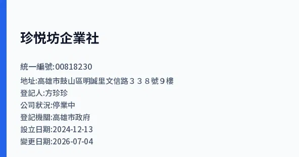 珍悦坊企業社的照片-統編 00818230(高雄市) 公司登記資料與營業項目詳細圖表