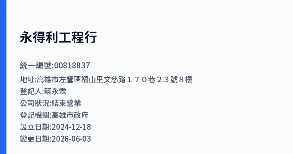 永得利工程行的照片-統編 00818837(高雄市) 公司登記資料與營業項目詳細圖表