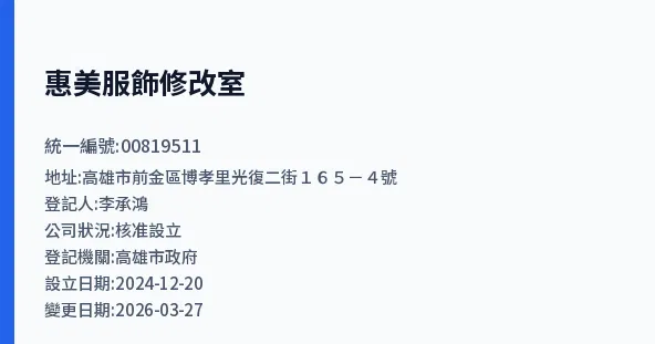惠美服飾修改室的照片-統編 00819511(高雄市) 公司登記資料與營業項目詳細圖表