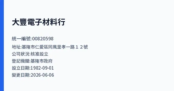 大豐電子材料行的照片-統編 00820598(基隆市) 公司登記資料與營業項目詳細圖表