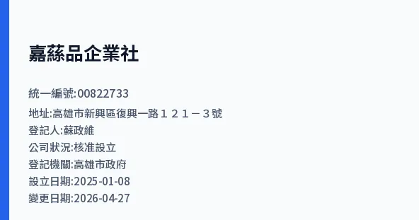 嘉蕬品企業社的照片-統編 00822733(高雄市) 公司登記資料與營業項目詳細圖表
