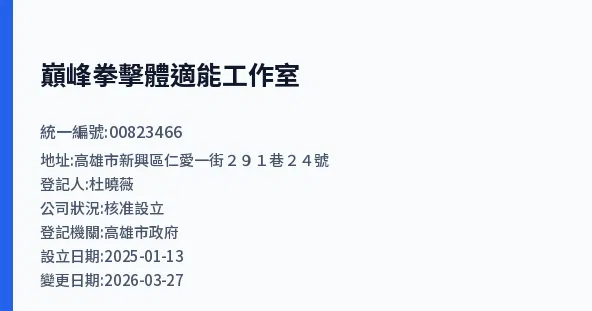 巔峰拳擊體適能工作室的照片-統編 00823466(高雄市) 公司登記資料與營業項目詳細圖表