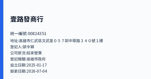 壹路發商行的照片-統編 00824351(高雄市) 公司登記資料與營業項目詳細圖表