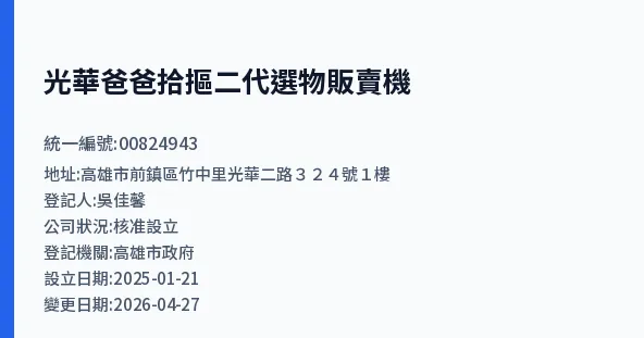 光華爸爸拾摳二代選物販賣機的照片-統編 00824943(高雄市) 公司登記資料與營業項目詳細圖表