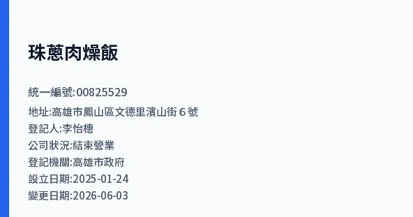 珠蔥肉燥飯的照片-統編 00825529(高雄市) 公司登記資料與營業項目詳細圖表