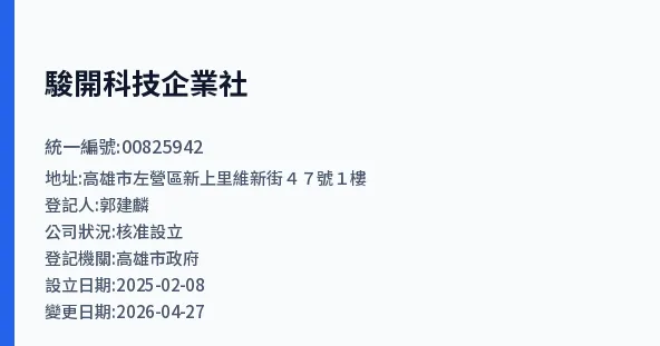 駿開科技企業社的照片-統編 00825942(高雄市) 公司登記資料與營業項目詳細圖表