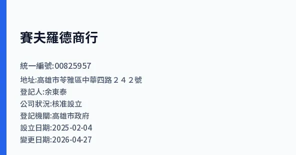 賽夫羅德商行的照片-統編 00825957(高雄市) 公司登記資料與營業項目詳細圖表