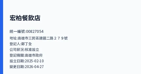 宏柏餐飲店的照片-統編 00827054(高雄市) 公司登記資料與營業項目詳細圖表
