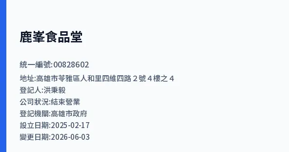 鹿峯食品堂的照片-統編 00828602(高雄市) 公司登記資料與營業項目詳細圖表