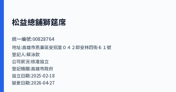 松益總舖獅筵席的照片-統編 00828764(高雄市) 公司登記資料與營業項目詳細圖表