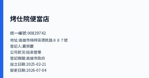 烤仕院便當店的照片-統編 00829742(高雄市) 公司登記資料與營業項目詳細圖表