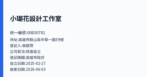 小瑚花設計工作室的照片-統編 00830781(高雄市) 公司登記資料與營業項目詳細圖表