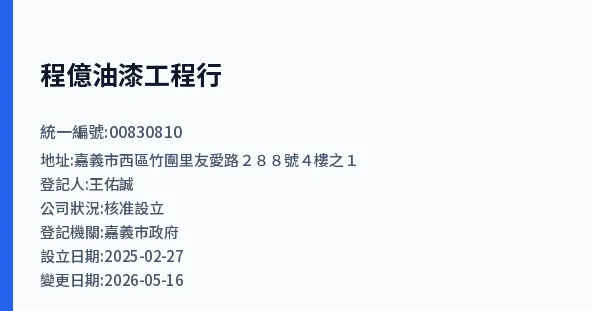 程億油漆工程行的照片-統編 00830810(嘉義市) 公司登記資料與營業項目詳細圖表