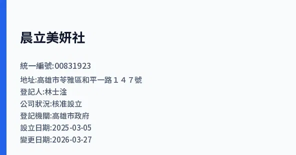 晨立美妍社的照片-統編 00831923(高雄市) 公司登記資料與營業項目詳細圖表