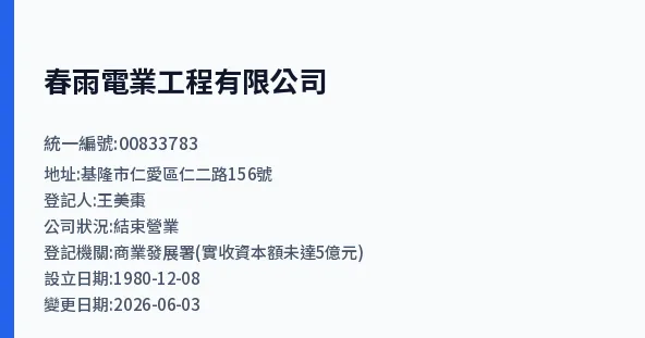春雨電業工程有限公司的照片-統編 00833783(基隆市) 公司登記資料與營業項目詳細圖表