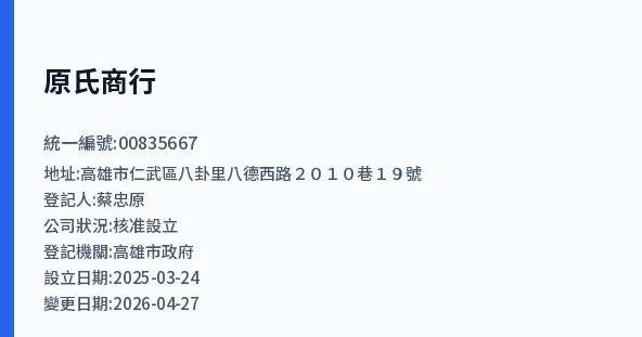 原氏商行的照片-統編 00835667(高雄市) 公司登記資料與營業項目詳細圖表