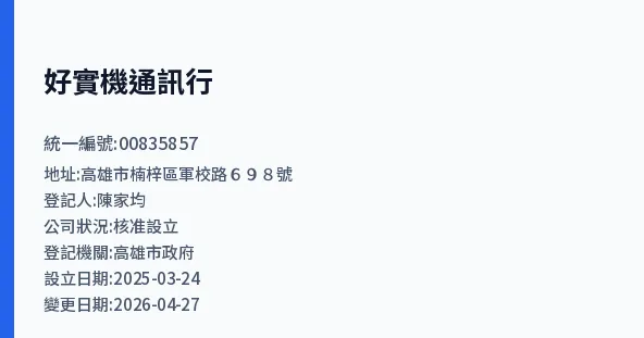 好實機通訊行的照片-統編 00835857(高雄市) 公司登記資料與營業項目詳細圖表