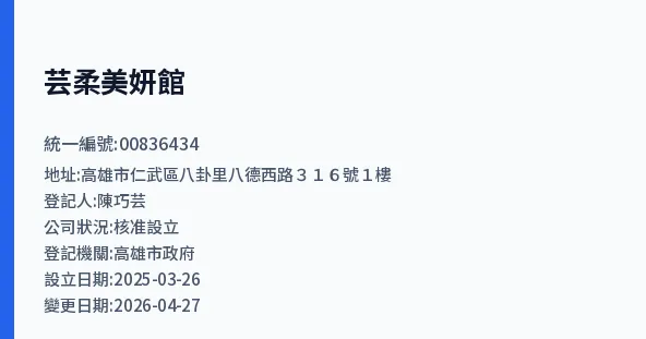 芸柔美妍館的照片-統編 00836434(高雄市) 公司登記資料與營業項目詳細圖表
