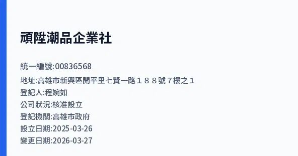 頑陞潮品企業社的照片-統編 00836568(高雄市) 公司登記資料與營業項目詳細圖表