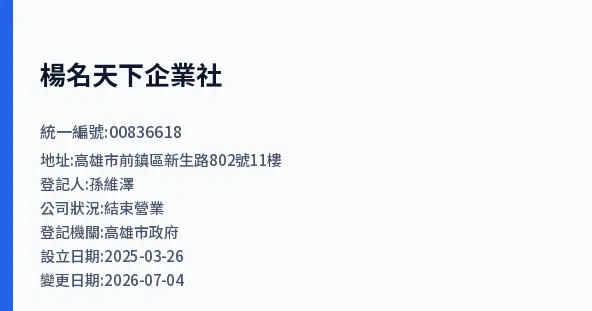 楊名天下企業社的照片-統編 00836618(高雄市) 公司登記資料與營業項目詳細圖表