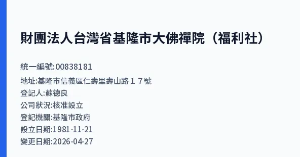 財團法人台灣省基隆市大佛禪院(福利社)的照片-統編 00838181(基隆市) 公司登記資料與營業項目詳細圖表